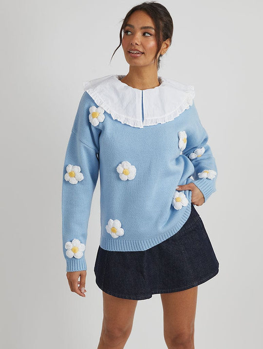 3D Flowers Knitted Jumper | Blue Knitwear | Skinnydip London