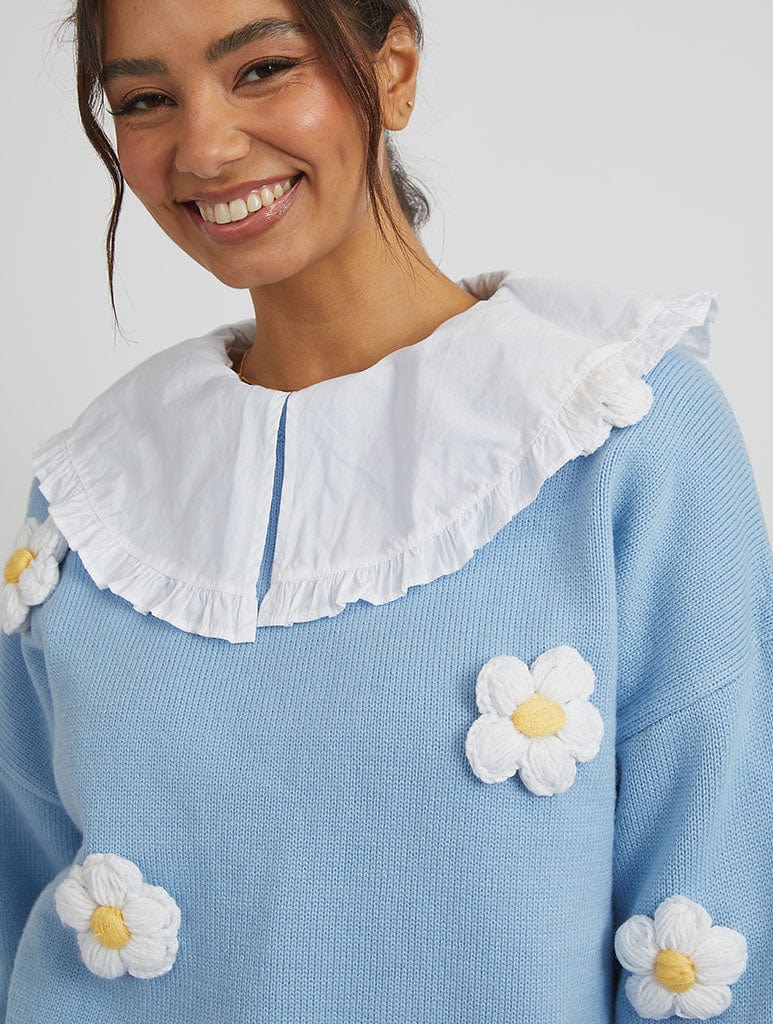 3D Flowers Knitted Jumper | Blue Knitwear | Skinnydip London