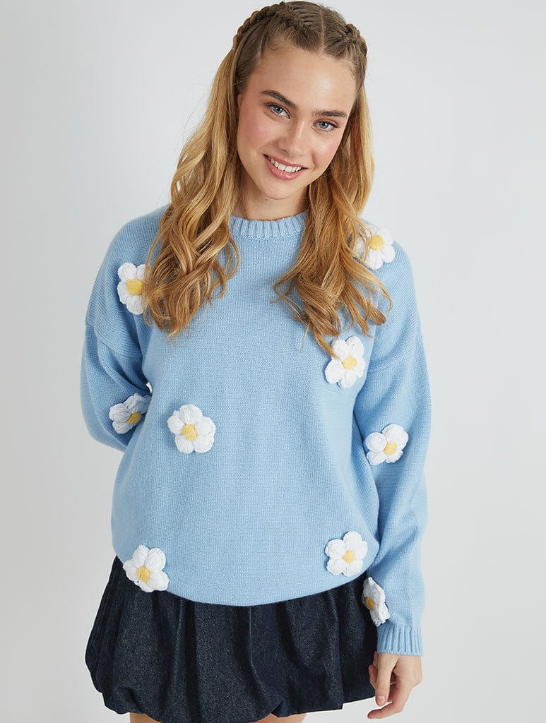 3D Flowers Knitted Jumper | Blue Knitwear | Skinnydip London