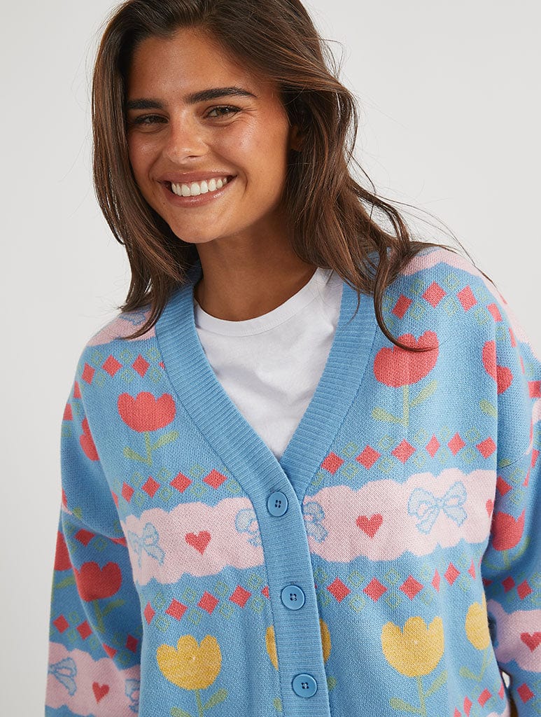 Bow and Tulip Blue Knitted Cardigan | Blue Cardigans | Skinnydip London