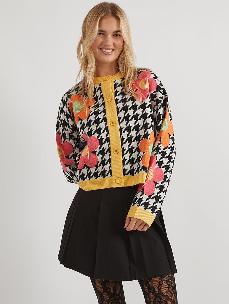 Dogstooth Flower Knitted Cardigan | Monochrome Knitwear | Skinnydip London