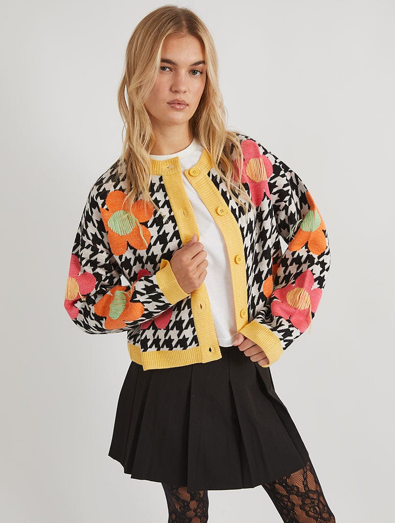 Dogstooth Flower Knitted Cardigan | Monochrome Knitwear | Skinnydip London