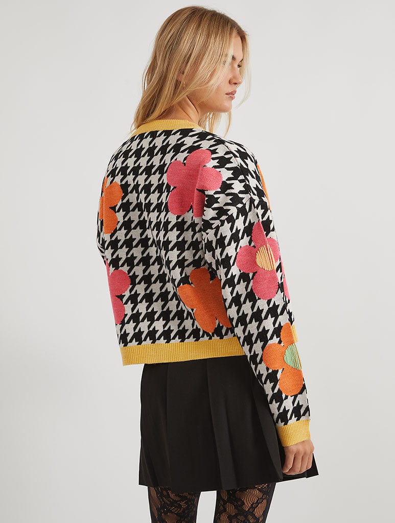 Dogstooth Flower Knitted Cardigan | Monochrome Knitwear | Skinnydip London